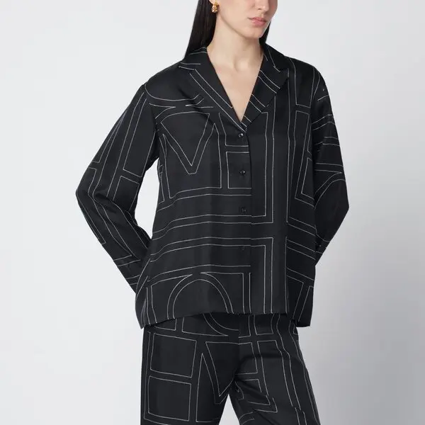 TOTEME Monogram Silk Pajama Shirt - Black