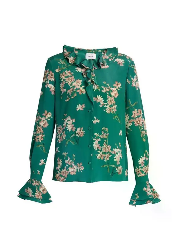 Erdem Jade Silk Floral Print Ruffled Shirt