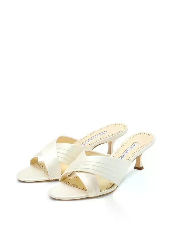 Manolo Blahnik Cream White Satin Crossover Strap Pleated Sandals