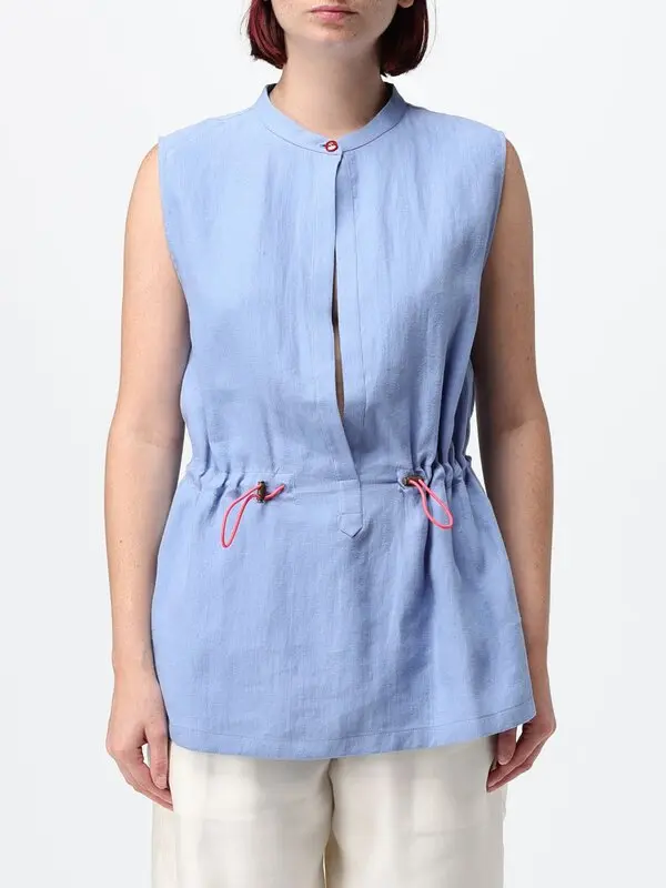 Giorgio Armani Sleeveless Crew Neck Hemp Top With Drawstring Waist - Gnawed Blue