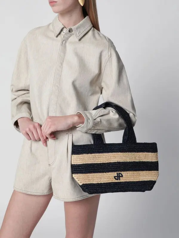 PATOU Bicolour Striped Raffia Handbag With Embroidered Logo