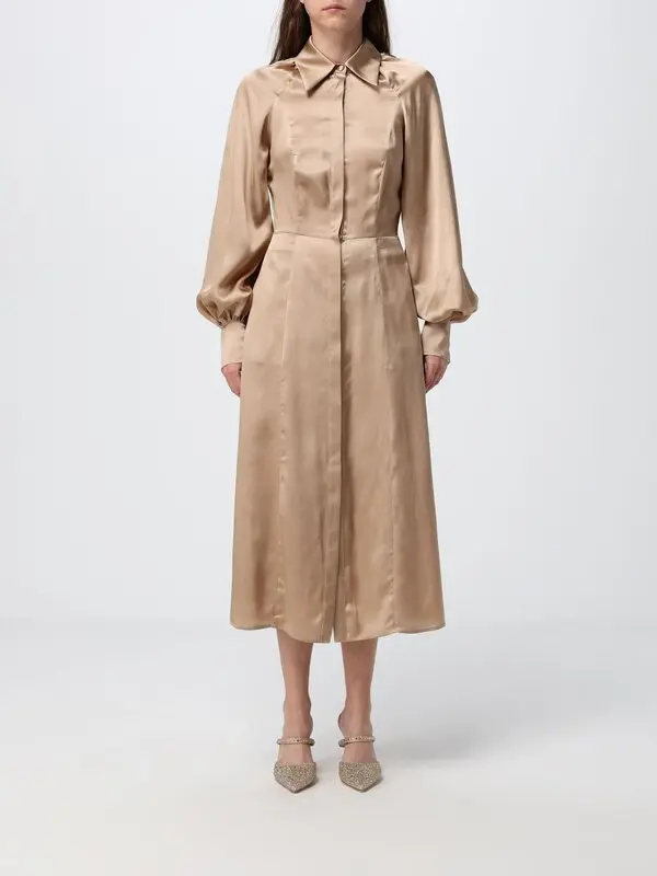 CRIDA MILANO Windsor Satin Midi Chemisier Dress With Long Sleeves - Gold