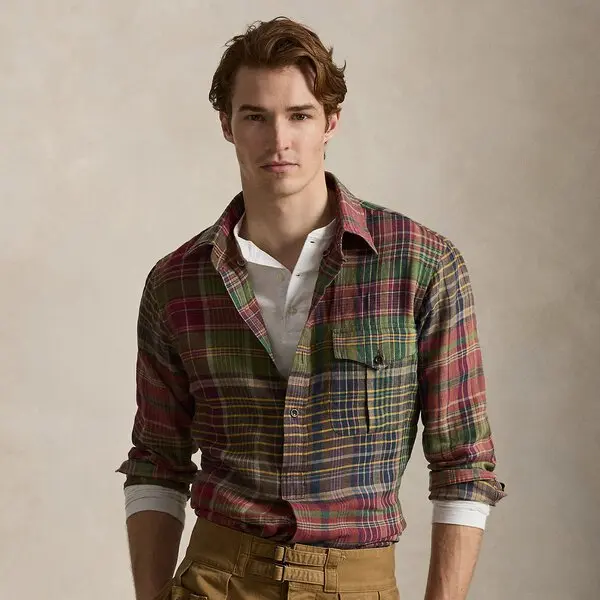Ralph Lauren Classic Fit Plaid Linen Popover Shirt