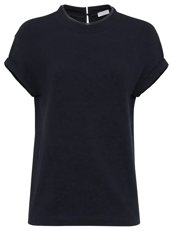 Brunello Cucinelli Stretch Cotton Jersey T-shirt With Embellished Neckline - Grey