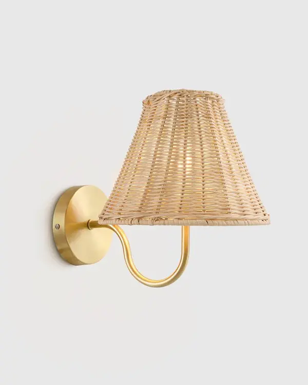 Quince Curved Iron Sconce With Rattan Shade - Light Brown