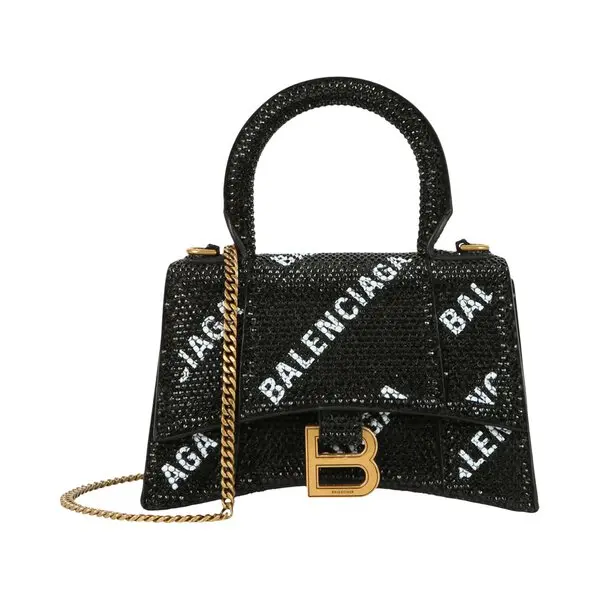 Balenciaga Hourglass Xs Top Handle Bag With Allover Logo Strass - Black