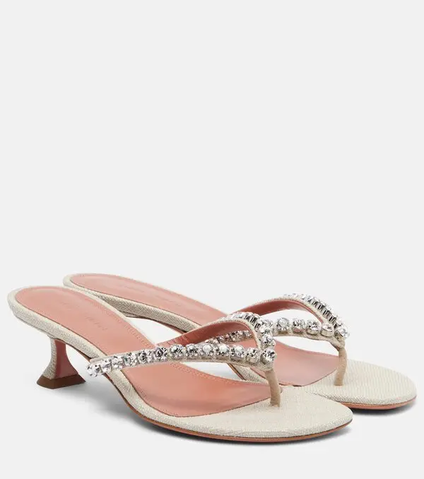 Amina Muaddi Gigi Embellished Canvas Thong Sandals - Beige