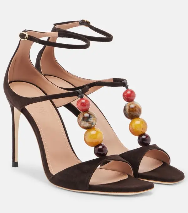 MALONE SOULIERS Lena Beaded Suede Sandals - Brown