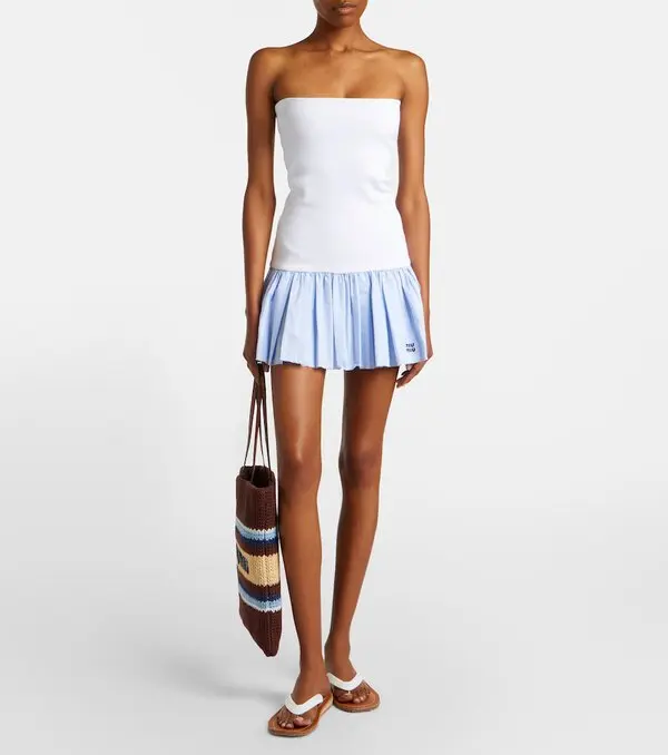 Miu Miu Gingham Jersey And Poplin Miniskirt - Blue
