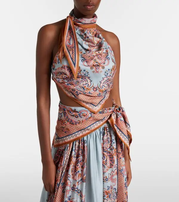 Zimmermann Aster Printed Silk Crop Top - Blue