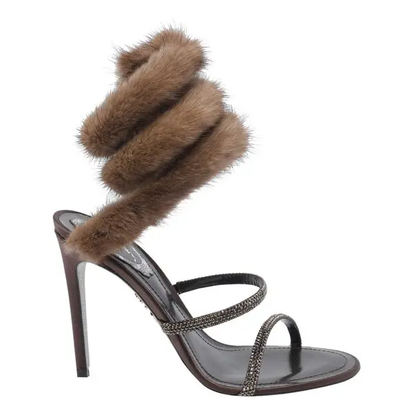 Rene Caovilla Lindsey Fur Detail Stiletto Sandals - Brown
