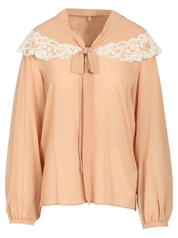 Chloé Silk Lace Detail V-neck Blouse With Puff Sleeves - Multicolor