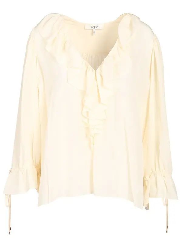 Chloé Long-sleeved Silk Shirt With Ruffled Front - White