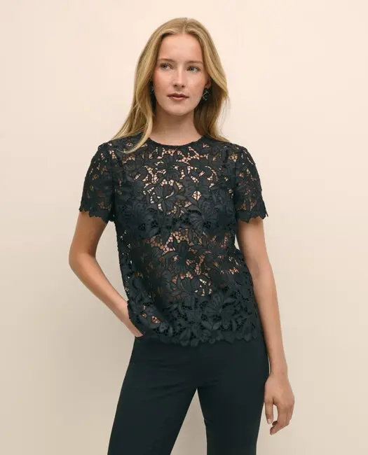 Brooks Brothers Relaxed Short-sleeve Semi-sheer Lace Top - Black