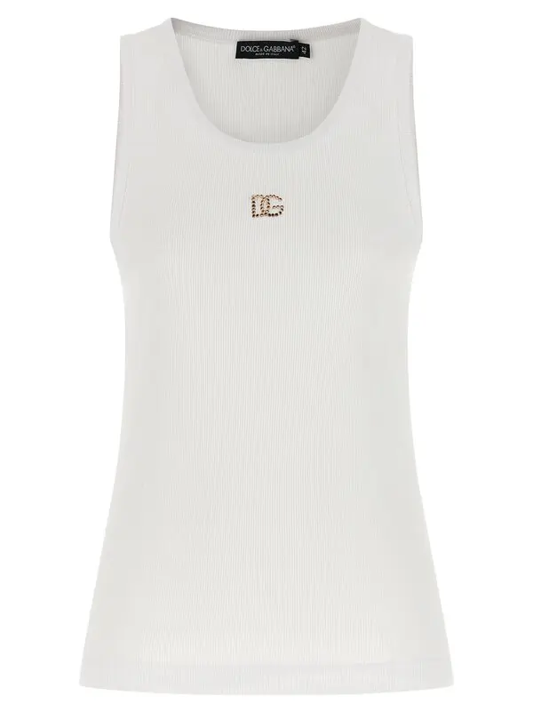 Dolce & Gabbana Ribbed Cotton Tank Top With Embellished Dg Logo - White