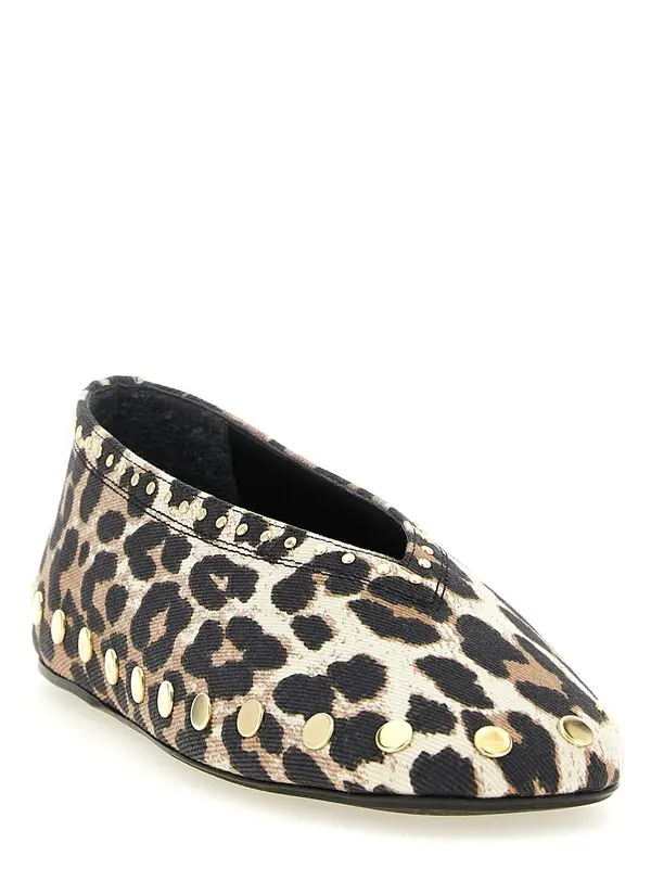 GANNI Leopard-print Cotton Denim Ballet Flats With Stud Embellishments - Multicolor