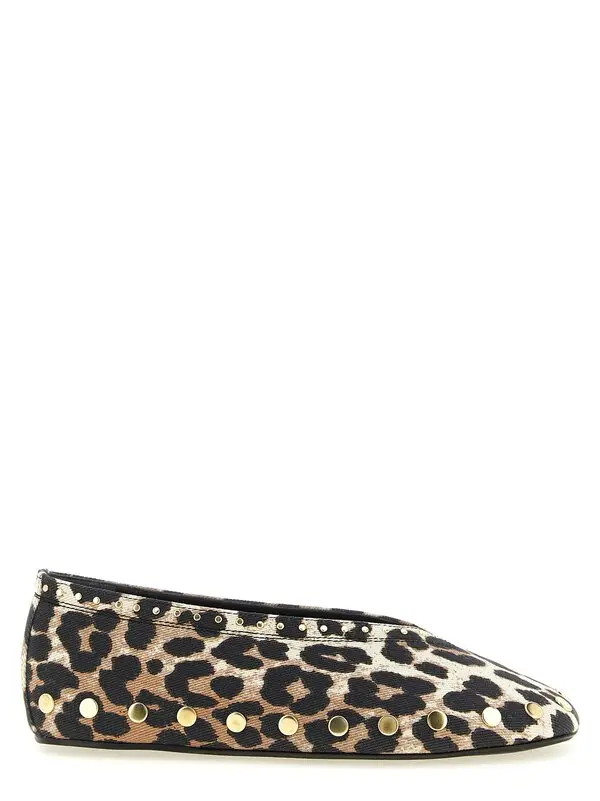 GANNI Leopard-print Cotton Denim Ballet Flats With Stud Embellishments - Multicolor
