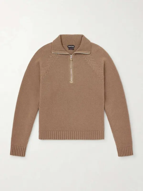 TOM FORD Wool And Cashmere-blend Half-zip Sweater - Brown