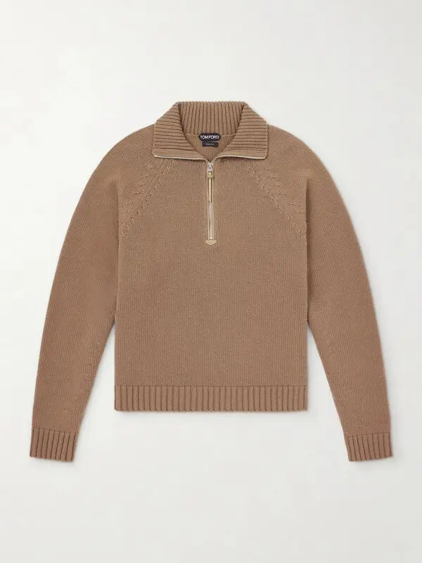 TOM FORD Wool And Cashmere-blend Half-zip Sweater - Brown