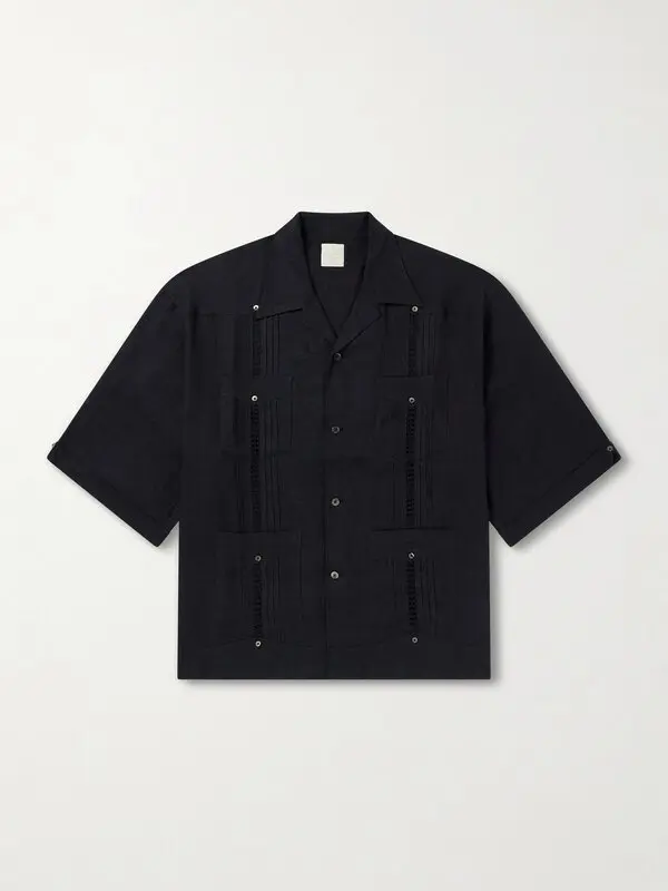 Kapital Camp-collar Pleated Linen Shirt - Black