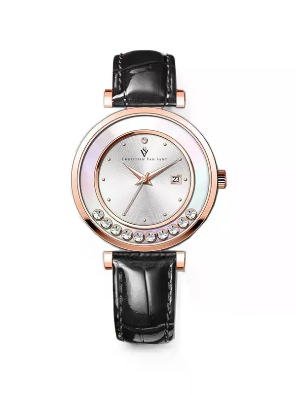 CHRISTIAN VAN SANT Bria 40mm Watch With Crystal-encrusted Bezel And Leather Bracelet - Silver