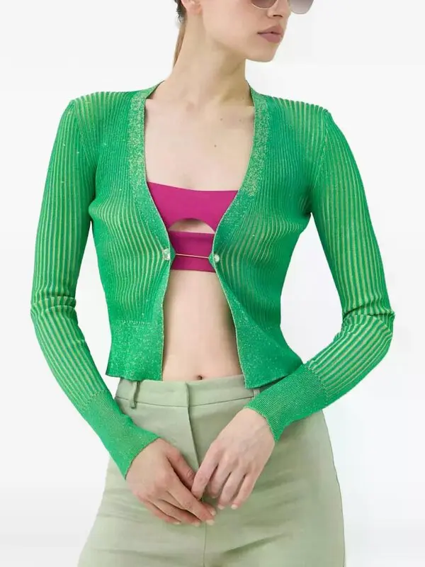 Beatrice B Ribbed Knit Crystal Embellished Cardigan - Green