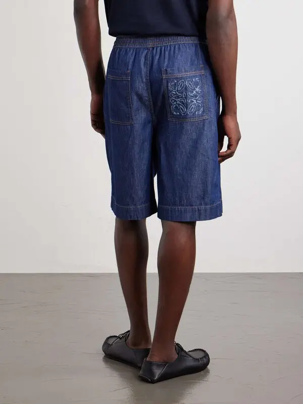 Loewe Wide-leg Anagram-detailed Cotton-chambray Drawstring Shorts