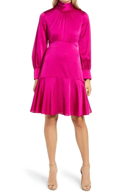 Eliza J High Neck Shirred Long Sleeve Satin Dress - Magenta