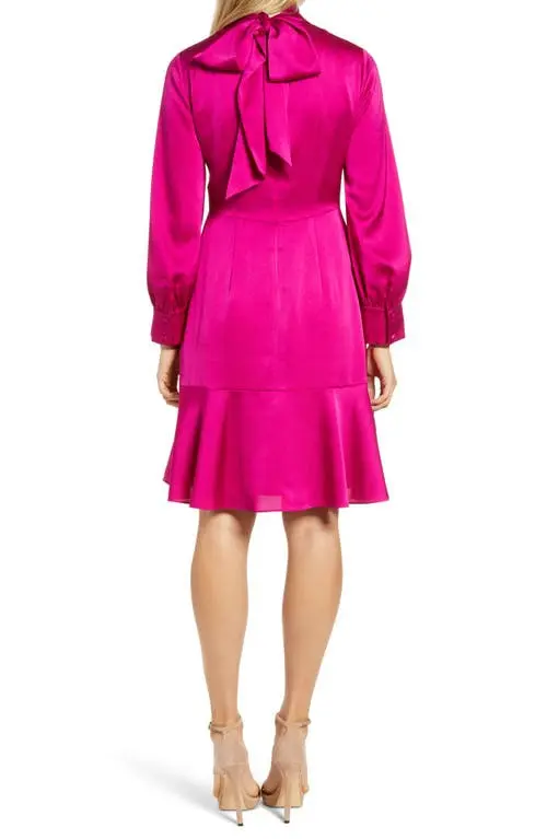 Eliza J High Neck Shirred Long Sleeve Satin Dress