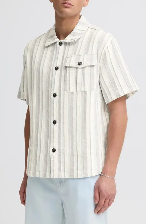 !SOLID Umber Stripe Short Sleeve Linen Blend Button-up Shirt - Skyway