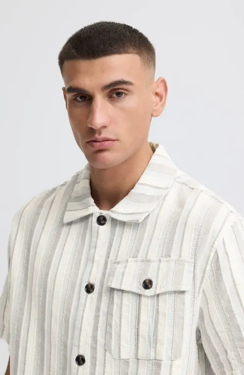 !SOLID Umber Stripe Short Sleeve Linen Blend Button-up Shirt
