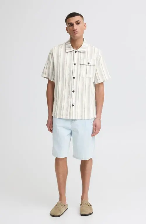 !SOLID Umber Stripe Short Sleeve Linen Blend Button-up Shirt