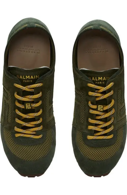 Balmain Racer Trainers In Mesh And Suede Leather - Khaki