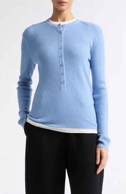 LISA YANG Airi Cotton & Cashmere Ribbed Henley - Soft Sky