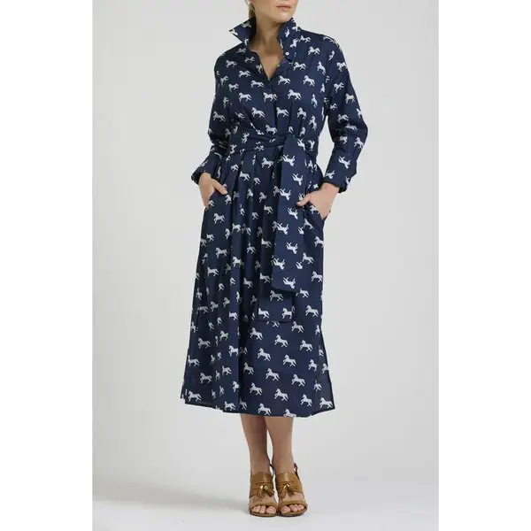 SHIRTY Amelie Print Cotton Shirtdress - Navy Prancing Pony