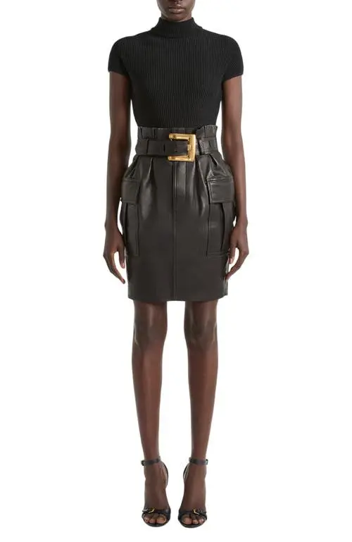 Balmain Belted Lambskin Leather Skirt - Black