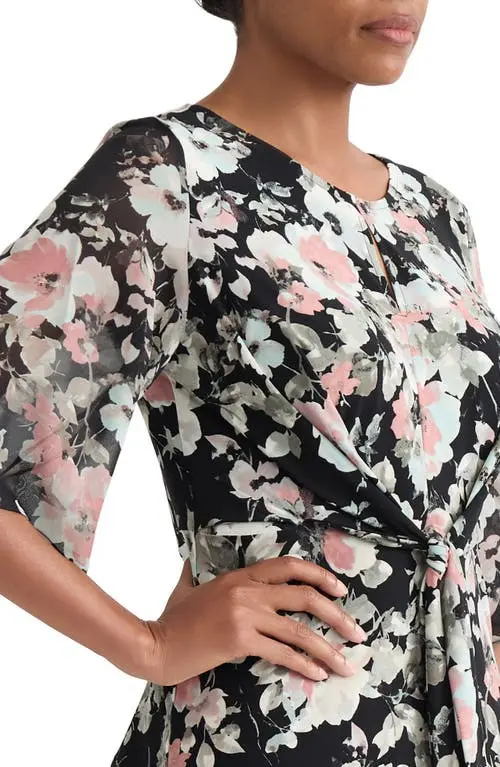 KASPER Floral Print Mixed Media Tie Waist Top