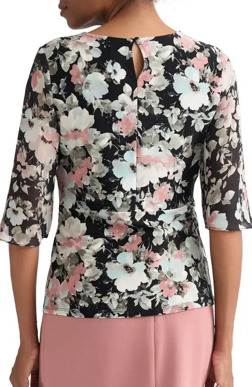 KASPER Floral Print Mixed Media Tie Waist Top