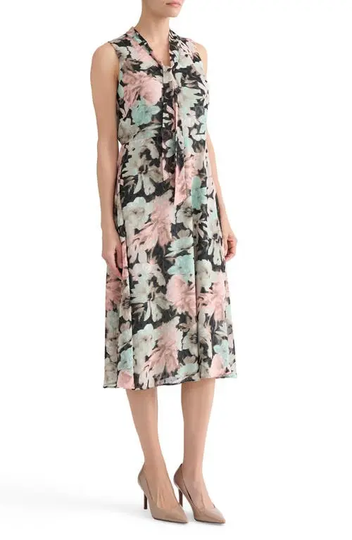 KASPER Sleeveless Floral Print Midi Dress With Tie Neck