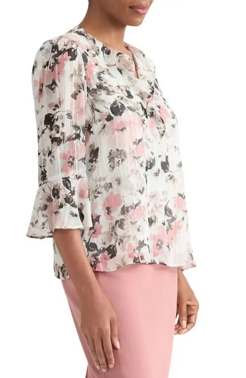 KASPER Floral Print Metallic Ruffle Top