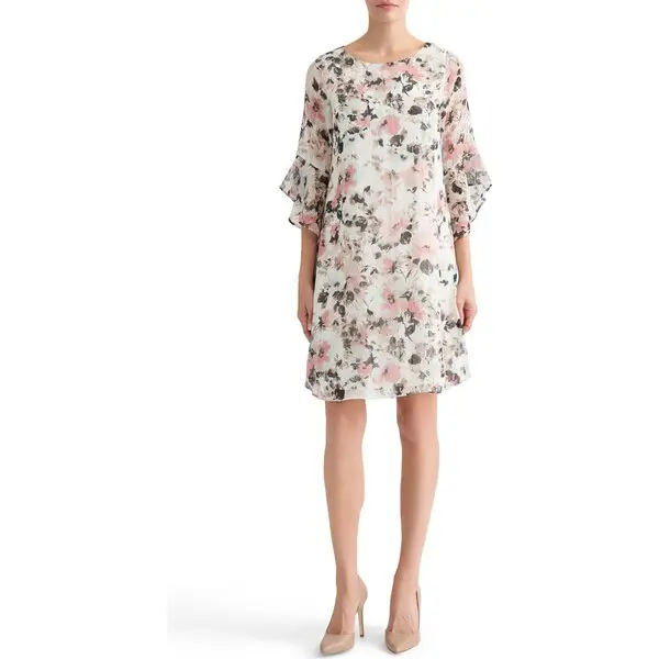 KASPER Metallic Floral Print Ruffle Shift Dress - Vanilla Ice Multi