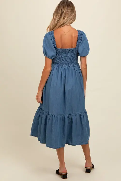 PINKBLUSH Vintage Wash Chambray Smocked Midi Dress