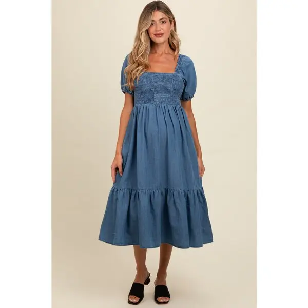 PINKBLUSH Vintage Wash Chambray Smocked Puff Sleeve Midi Dress - Blue