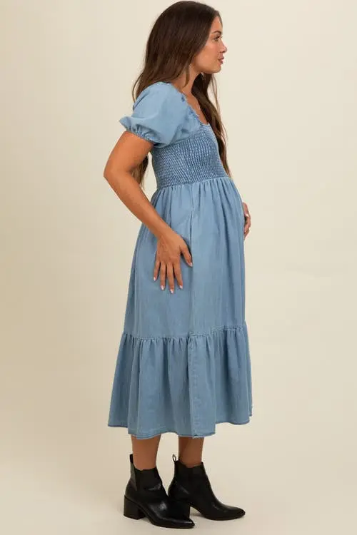 PINKBLUSH Vintage Wash Chambray Smocked Puff Sleeve Midi Dress - Light Blue