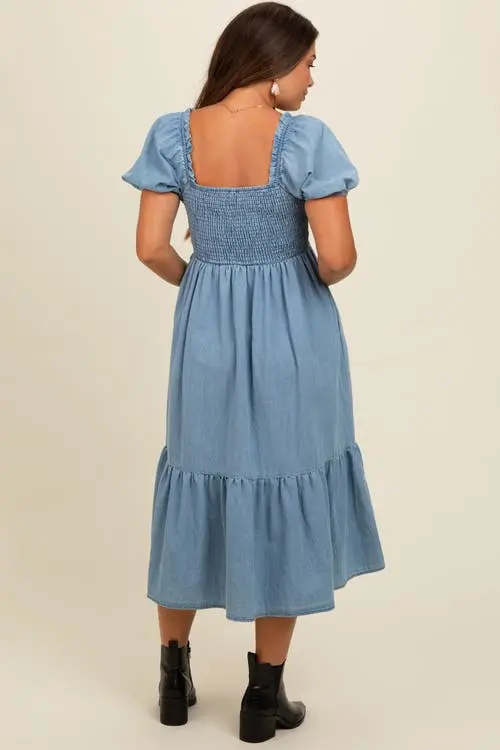 PINKBLUSH Vintage Wash Chambray Smocked Puff Sleeve Midi Dress - Light Blue