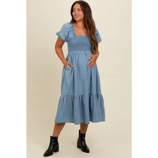 PINKBLUSH Vintage Wash Chambray Smocked Puff Sleeve Midi Dress - Light Blue