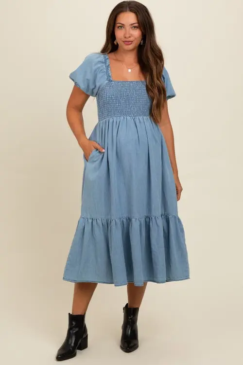 PINKBLUSH Vintage Wash Chambray Smocked Puff Sleeve Midi Dress - Light Blue