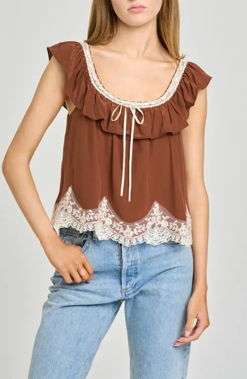 WAYF Lace Trim Ruffle Collar Top - Chocolate