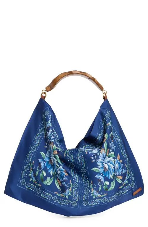 Farm Rio Botanical Print Satin Scarf Bag With Wooden Handle - Blue