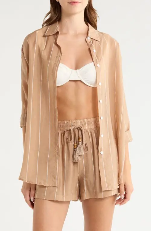 Elan Stripe Oversize Cotton Button-up Cover-up Shirt